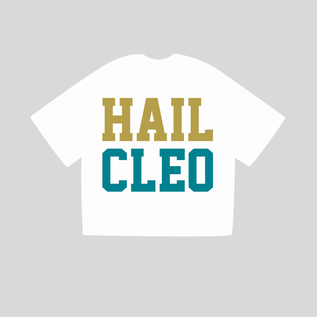 Custom: HAIL CLEO Chenille Boxy Tee. Gold + teal text – Stewart Simmons